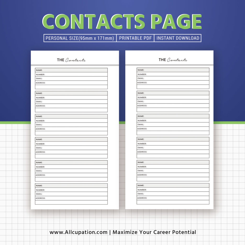 Printable Contacts Page, Contacts List, Personal Size, Planner Inserts ...