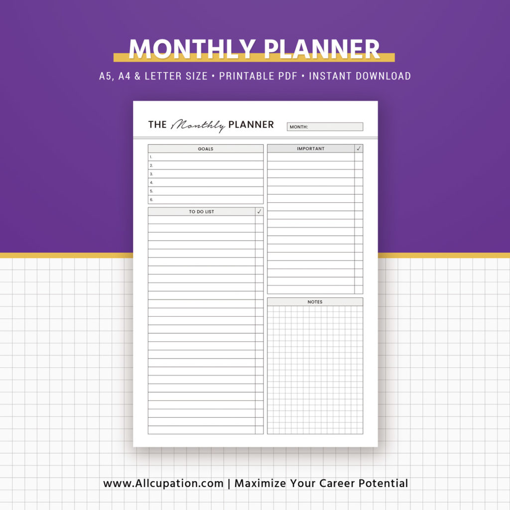 Monthly Planner, Undated Monthly Calendar, A5 Inserts, A4, Letter ...