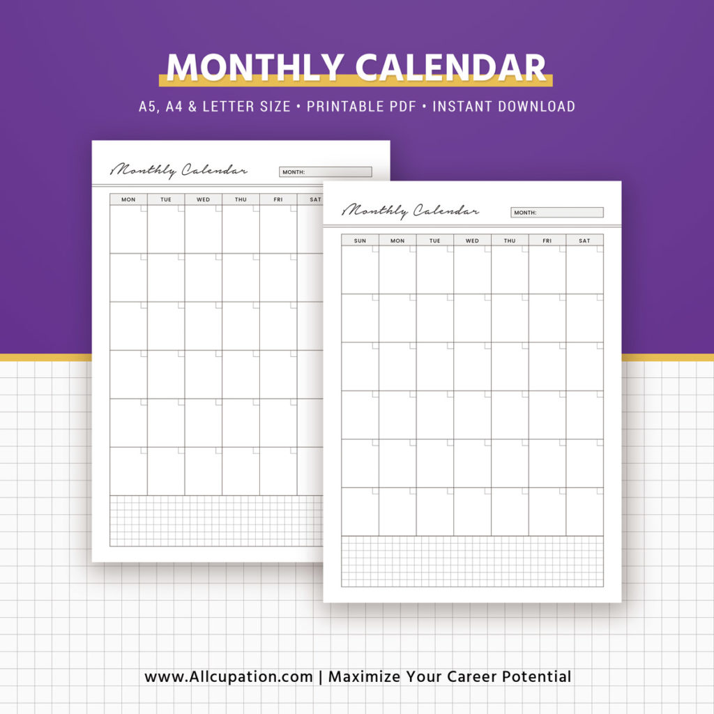Monthly Planner, Undated Monthly Calendar, A5 Inserts, A4, Letter ...